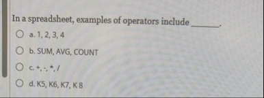 Solved In a spreadsheet, examples of operators | Chegg.com