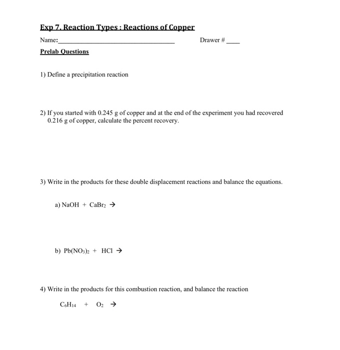 Solved Exp 7. Reaction Types: Reactions of Copper Name: | Chegg.com