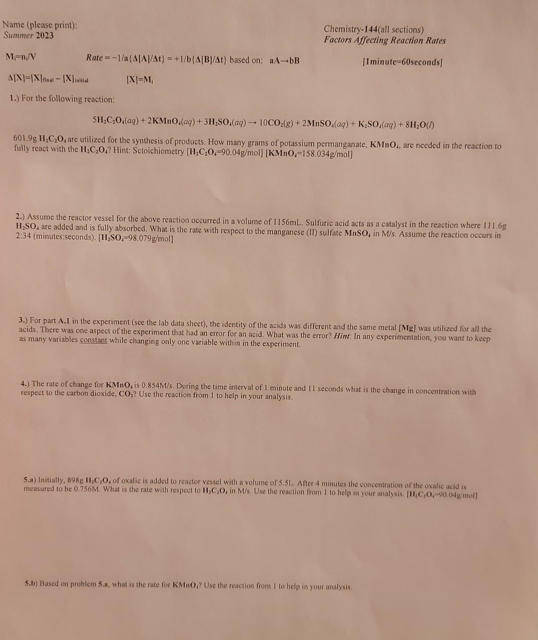 Solved Name (please print): Summer 2023 Chemistry-144(all | Chegg.com