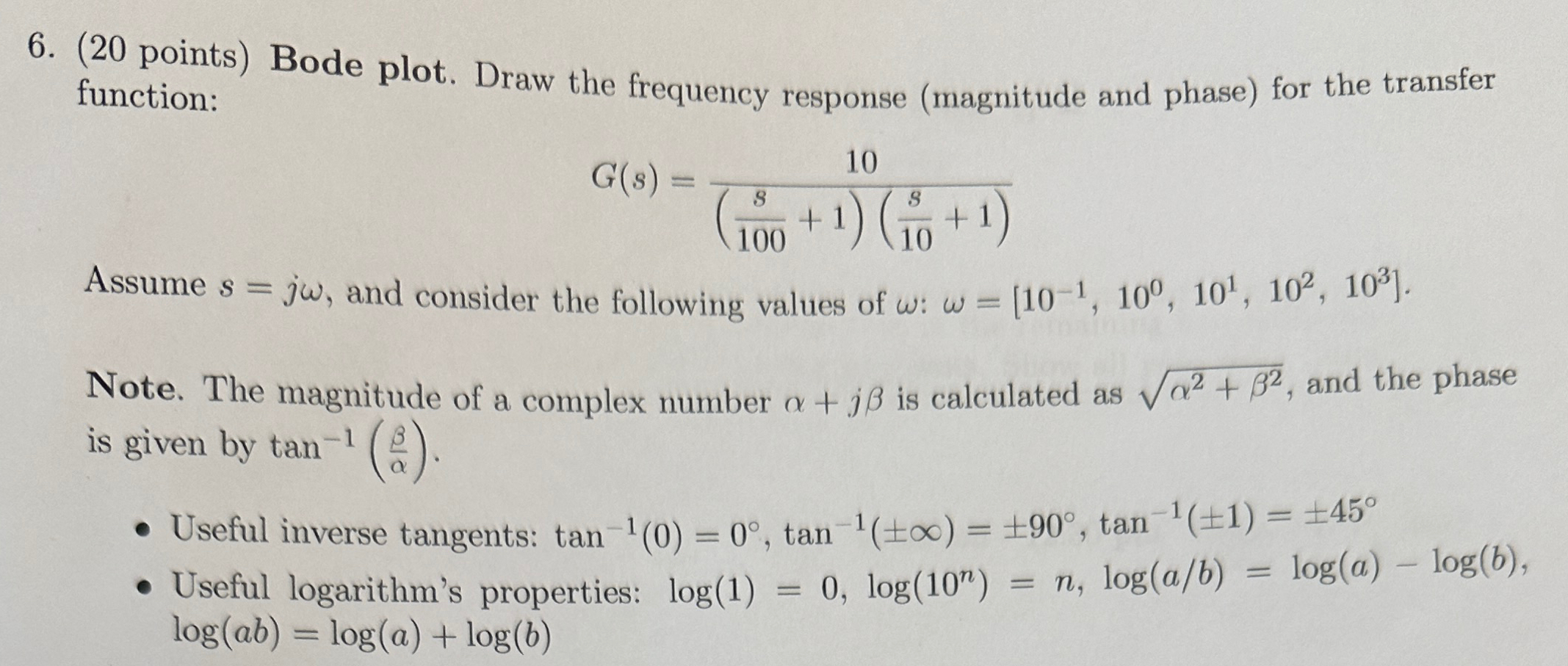 Solved (20 ﻿points) ﻿Bode plot. Draw the frequency response | Chegg.com