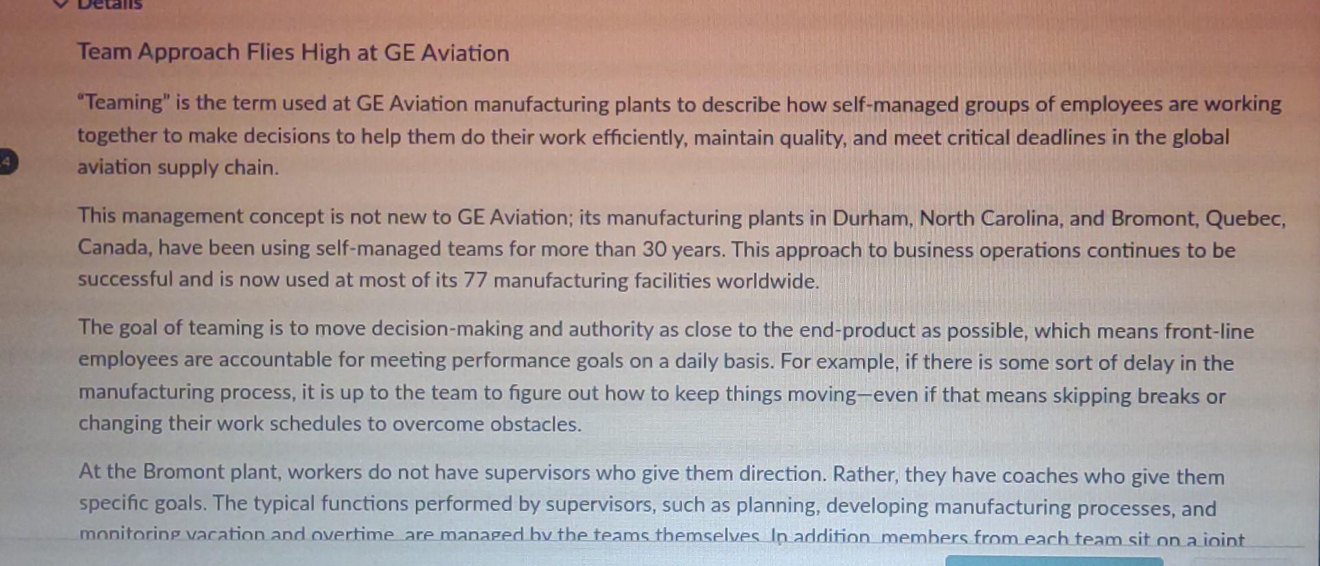 Solved Team Approach Flies High at GE Aviation "Teaming" is | Chegg.com