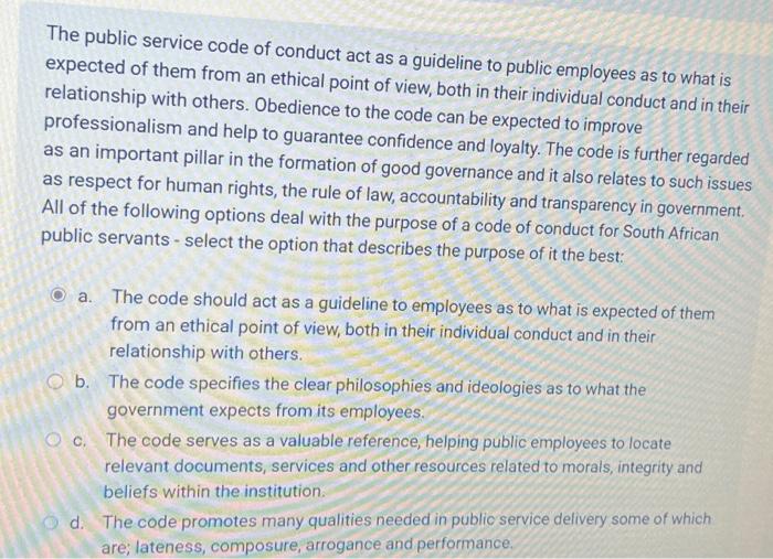 Solved The public service code of conduct act as a guideline | Chegg.com