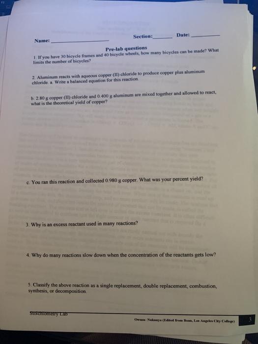 Solved Date: Section: Name: Pre-lab questions 1. If you have | Chegg.com