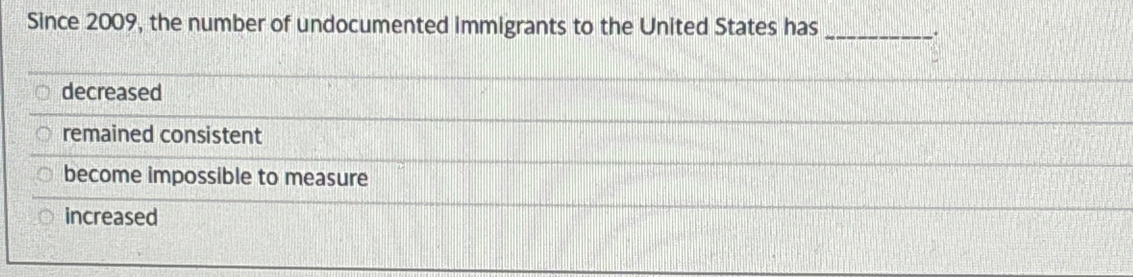 Since 2009, ﻿the number of undocumented Immigrants to | Chegg.com
