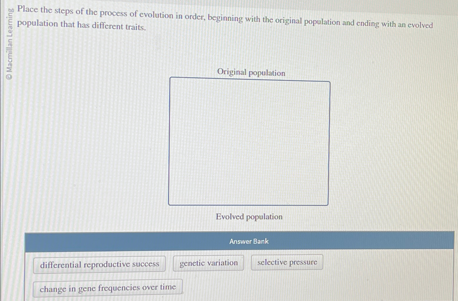 Solved Place the steps of the process of evolution in order, | Chegg.com