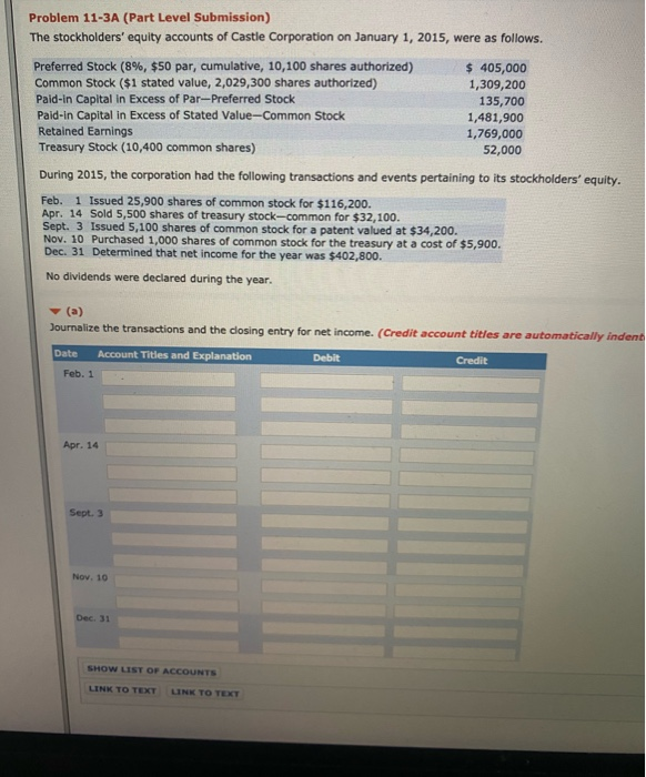 Solved Problem 11-3A (Part Level Submission) The | Chegg.com