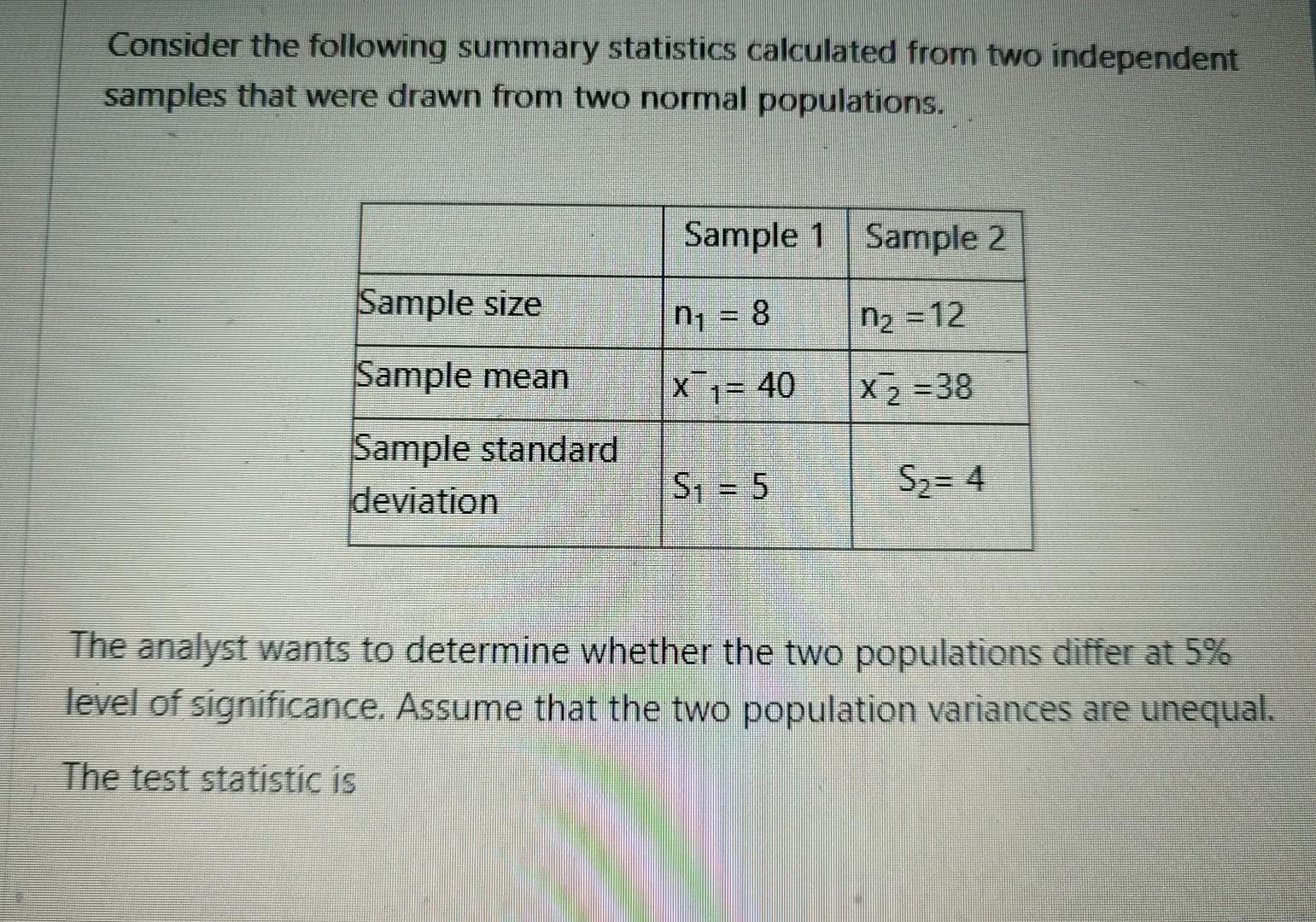 Solved Consider The Following Summary Statistics Calculated