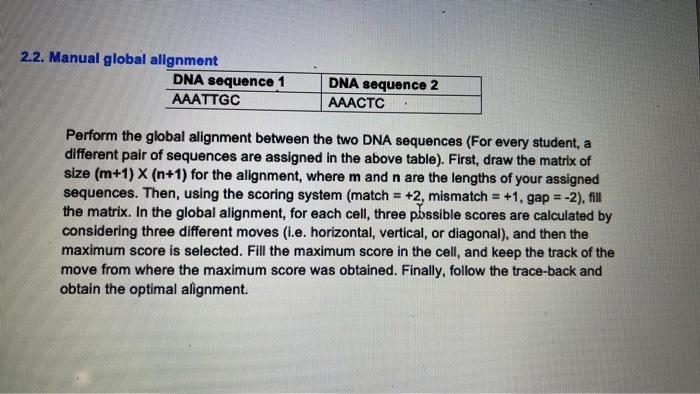 2.2. Manual global alignment DNA sequence 1 AAATTGC | Chegg.com