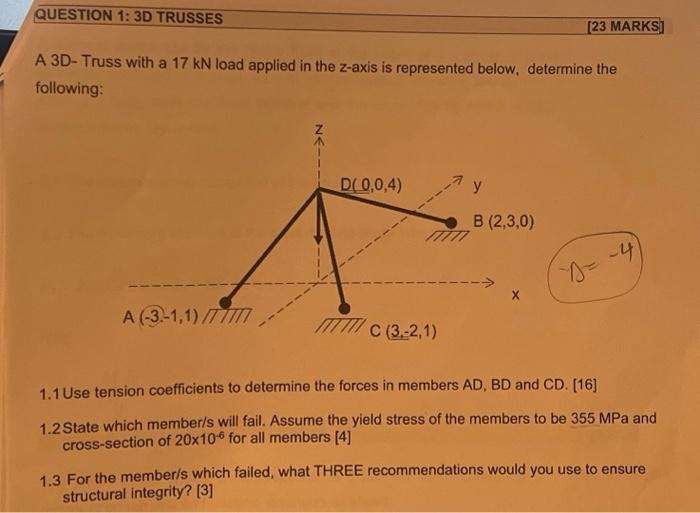 Solved QUESTION 1: 3D TRUSSES A 3D-Truss with a 17 kN load | Chegg.com