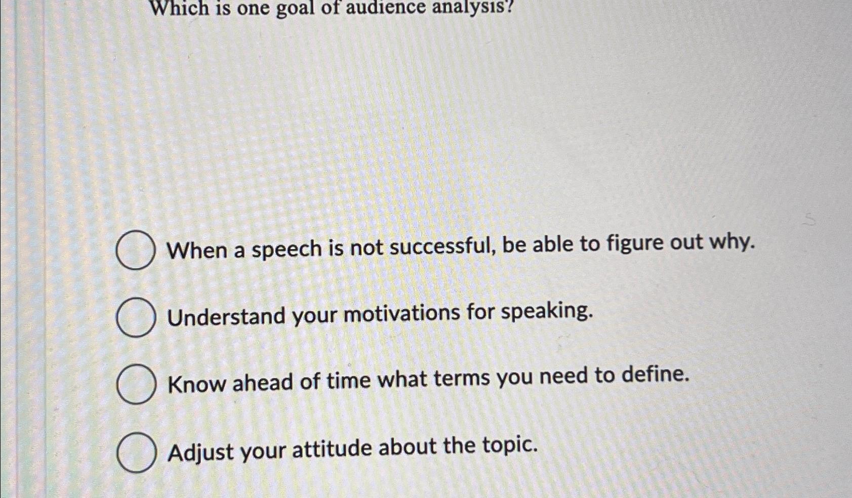 Solved Which is one goal of audience analysis?When a speech | Chegg.com
