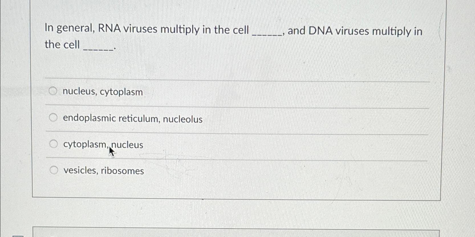 Solved In general, RNA viruses multiply in the cell and DNA | Chegg.com