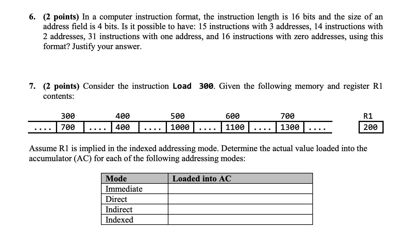 Solved (2 ﻿points) ﻿In a computer instruction format, the | Chegg.com
