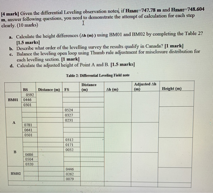 Solved [4 mark] Given the differential Leveling observation | Chegg.com