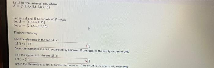 Solved S={1,2,3,4,5,6,7,8,9,10} Let sets A and B be subsets | Chegg.com