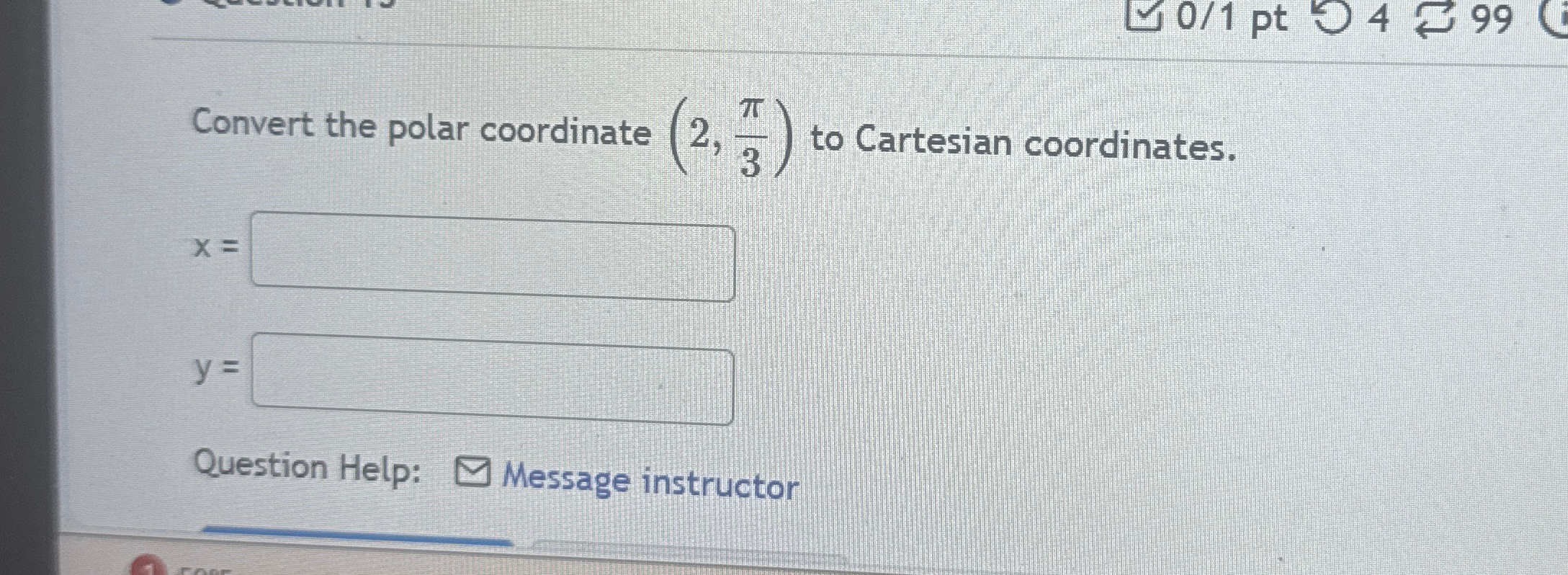 Solved Convert the polar coordinate (2,π3) ﻿to Cartesian | Chegg.com
