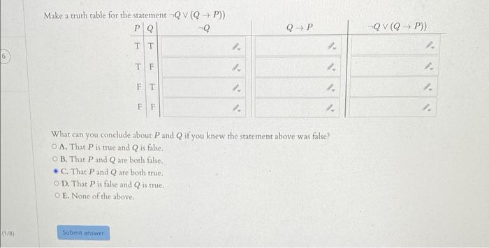 Solved Make a truth table for the statement ¬Q∨(Q→P)) Whar | Chegg.com