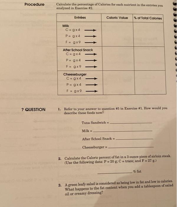 Calculate the percentage of Calories for each | Chegg.com