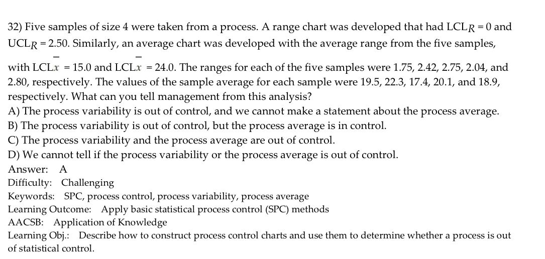 Solved Five samples of size 4 ﻿were taken from a process. A | Chegg.com