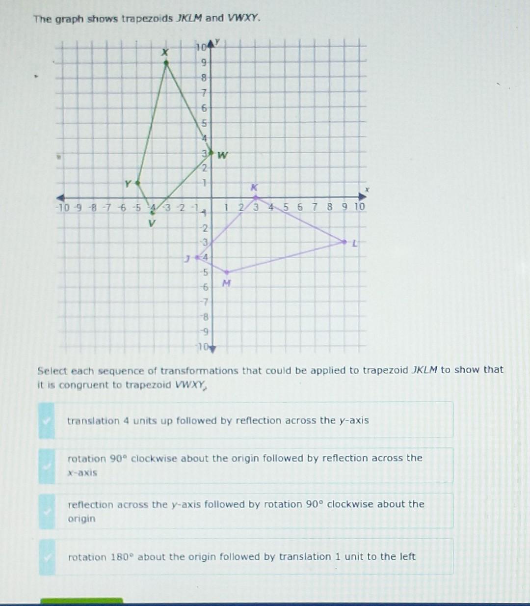 Solved The graph shows trapezoids JKLM and VwXY. Select each | Chegg.com Solved The graph shows trapezoids JKLM and VwXY. Select each | Chegg.com