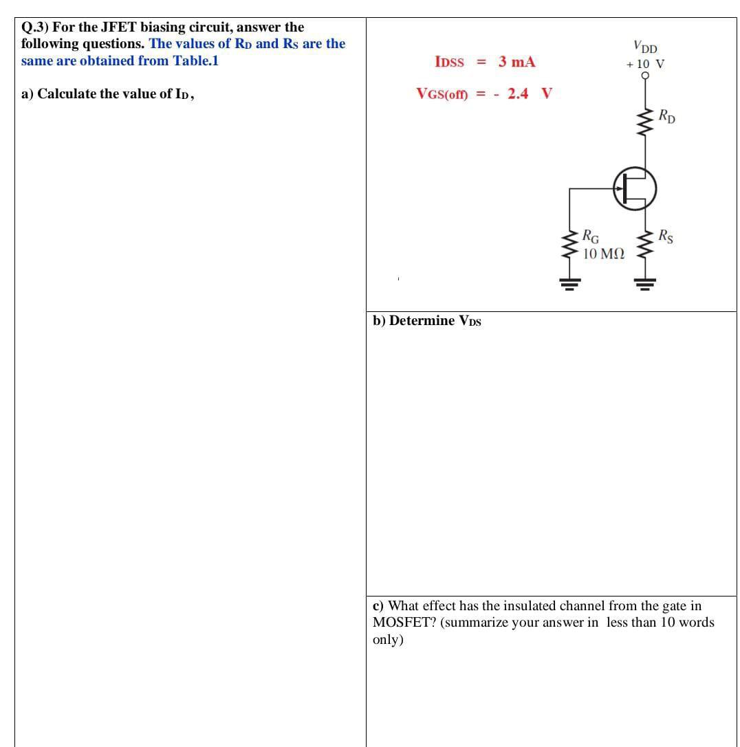 Solved Q.3) For the JFET biasing circuit, answer the | Chegg.com