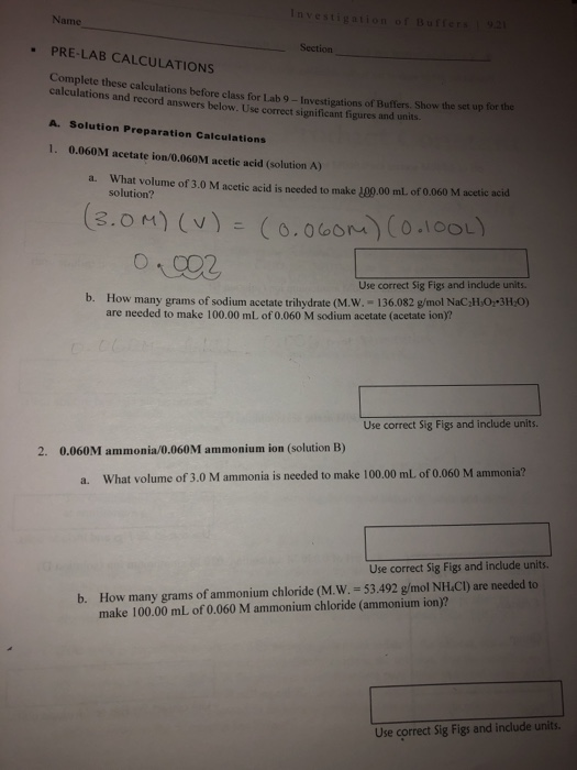 Solved Name PRE-LAB CALCULATIONS Section Complete these | Chegg.com