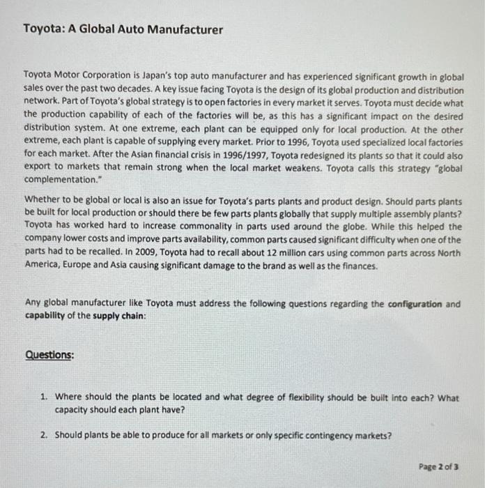 Solved Toyota: A Global Auto Manufacturer Toyota Motor | Chegg.com