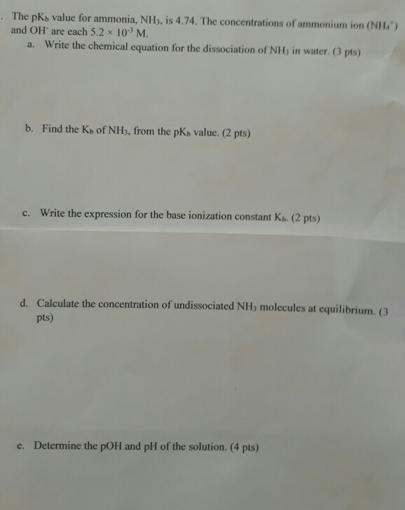 Solved • The PK) value for ammonia, NH3, is 4.74. The | Chegg.com