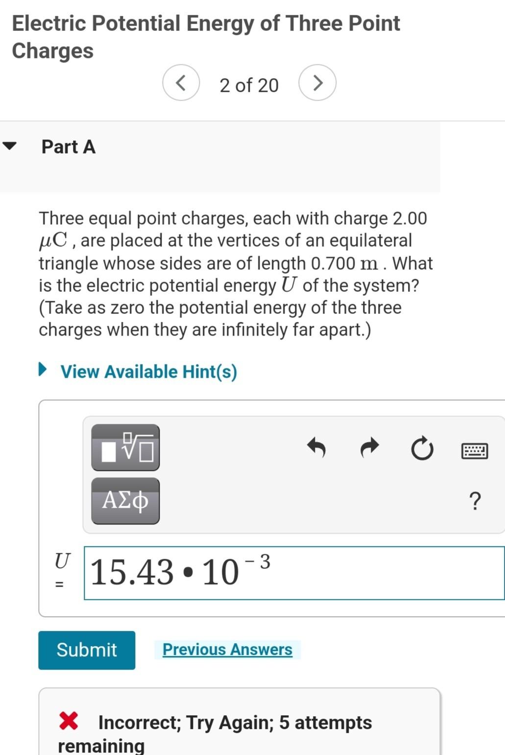 Solved Electric Potential Energy of Three Point Charges