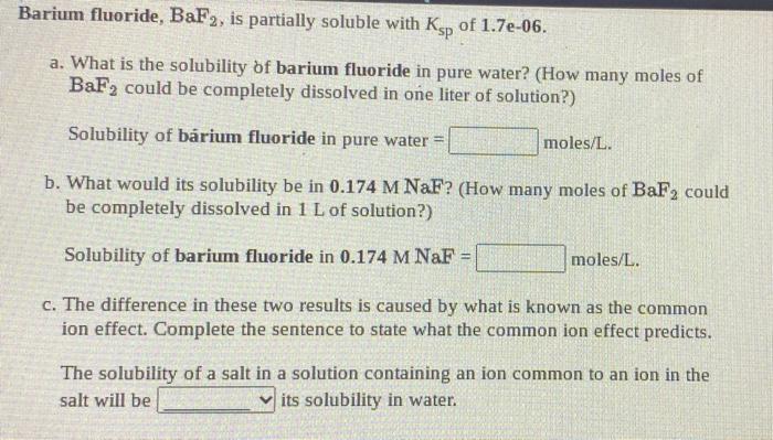 Solved Barium fluoride, BaF2, is partially soluble with Ksp | Chegg.com