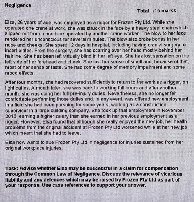 Solved Negligence Total 15 marks Elsa, 26 years of age, was | Chegg.com