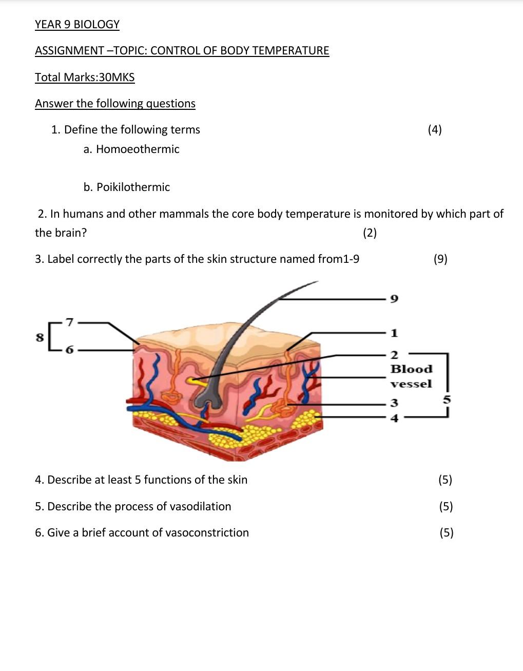 Solved YEAR 9 BIOLOGY ASSIGNMENT -TOPIC: CONTROL OF BODY | Chegg.com