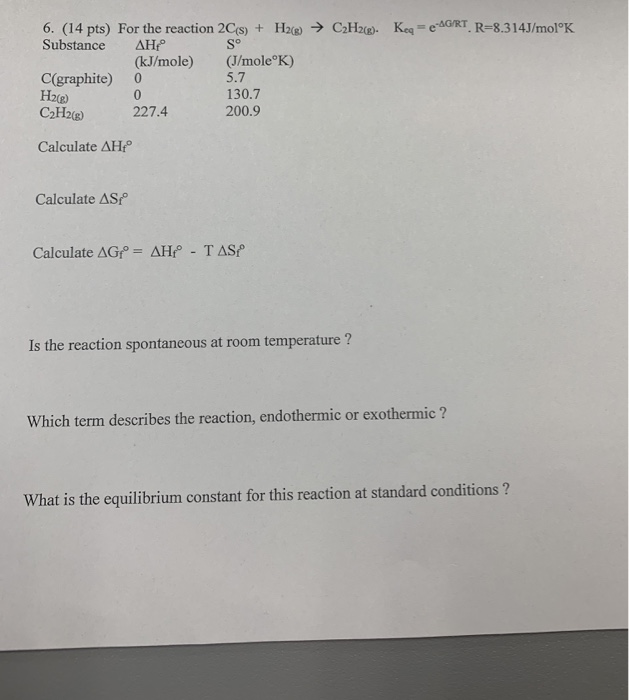 Solved 6. (14 pts) For the reaction 2C(s) + H2(g) → C2H2(g). | Chegg.com
