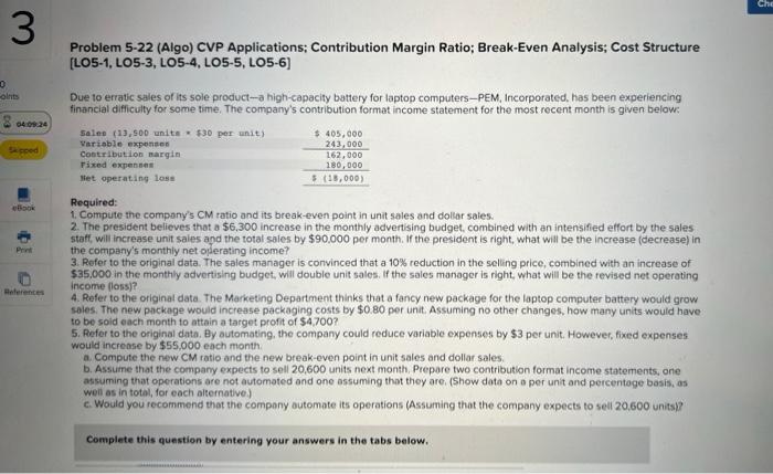 Solved Problem 5-20 (Algo) CVP Applications: Break-Even | Chegg.com