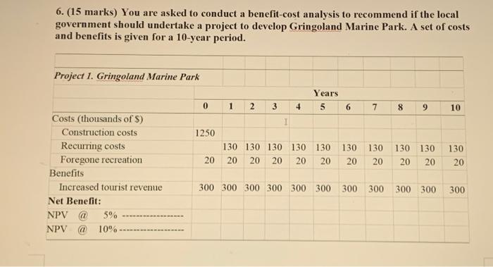 Solved 6. (15 marks) You are asked to conduct a benefit-cost | Chegg.com