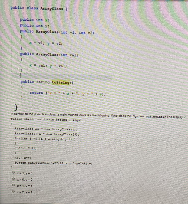 Solved public class Arrayclass ( public int x; public int y | Chegg.com