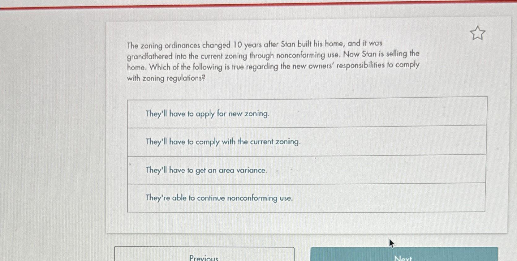 Solved The zoning ordinances changed 10 ﻿years after Stan | Chegg.com