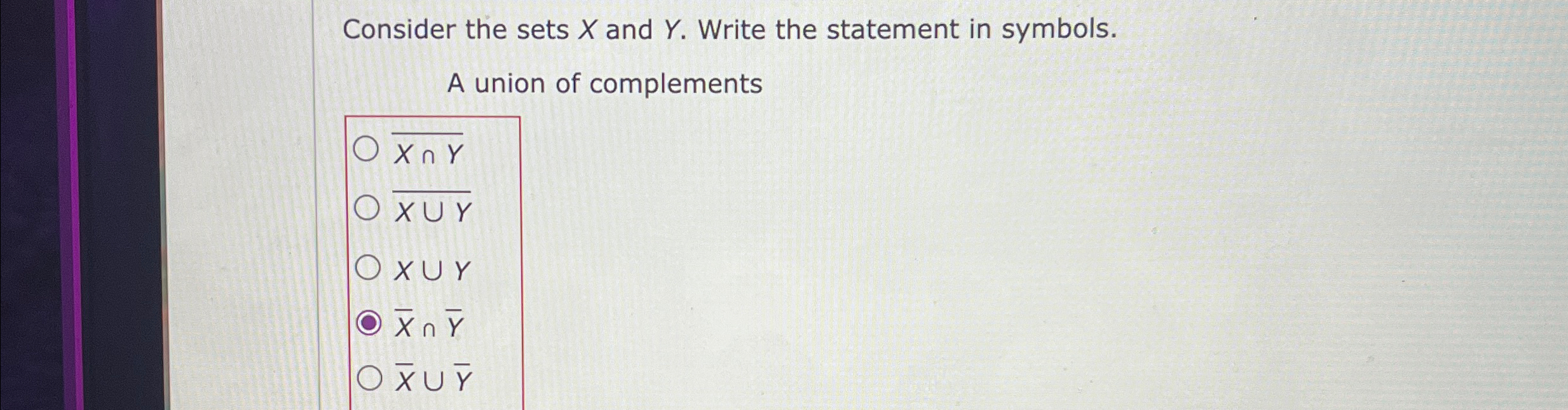 Solved Consider the sets x ﻿and Y. ﻿Write the statement in | Chegg.com