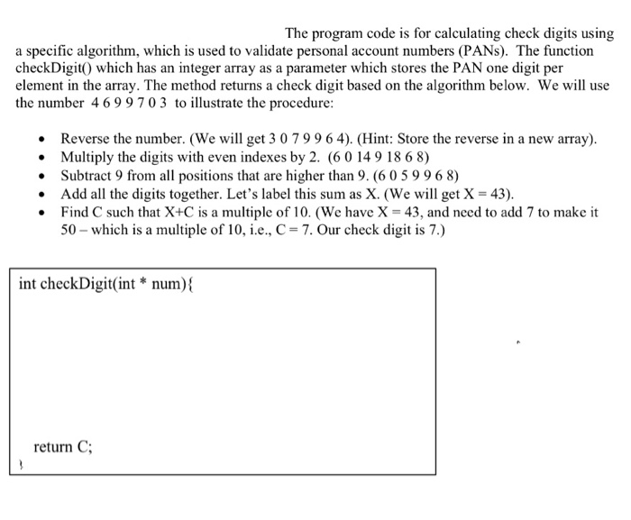 Solved The program code is for calculating check digits | Chegg.com