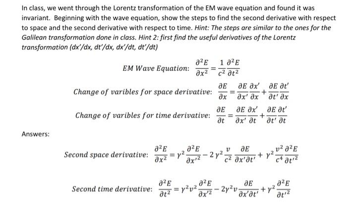 Solved In class, we went through the Lorentz transformation | Chegg.com