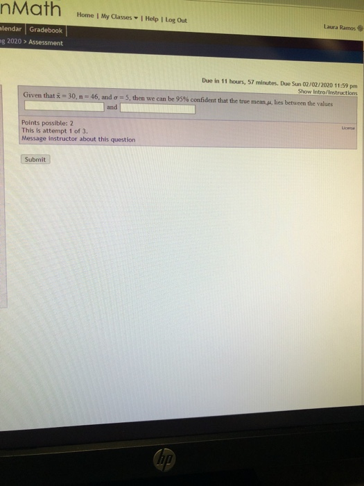 Solved nu nMath O Home My Classes | Help Log Out Laura Ramos | Chegg.com