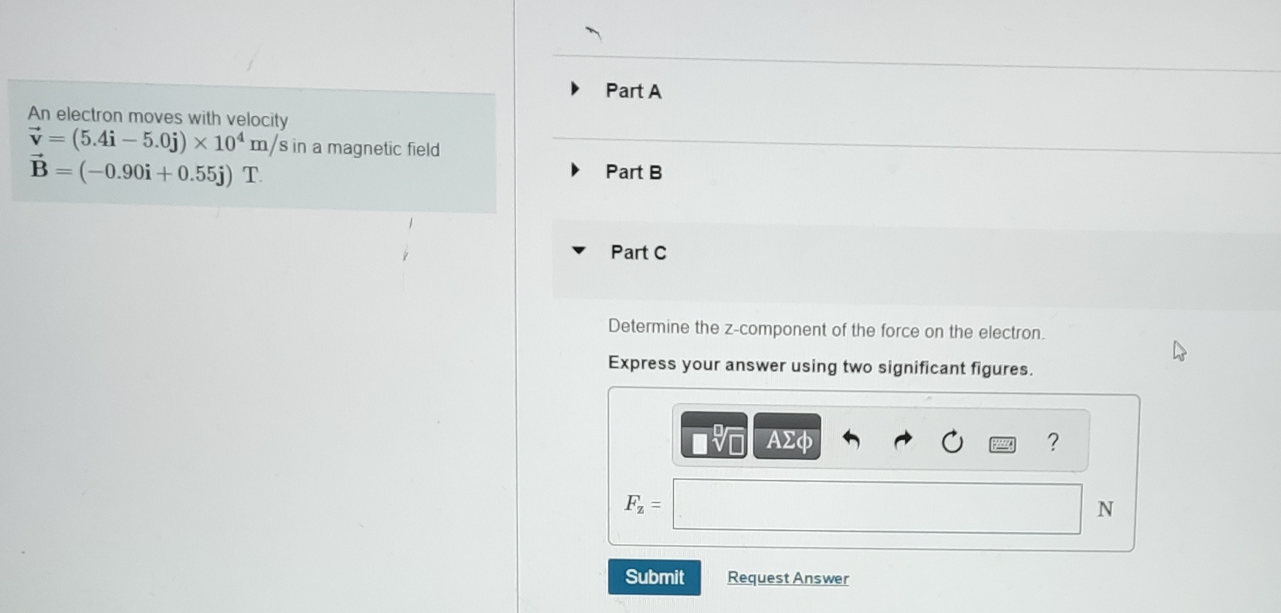 Solved An electron moves with velocity | Chegg.com