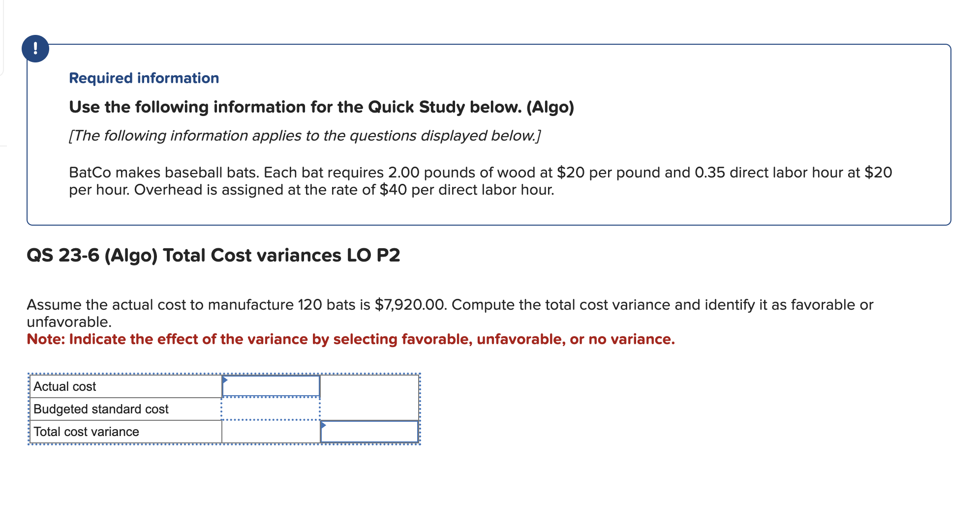 Solved QS 23-6 (Algo) ﻿Total Cost variances LO P2Assume the | Chegg.com