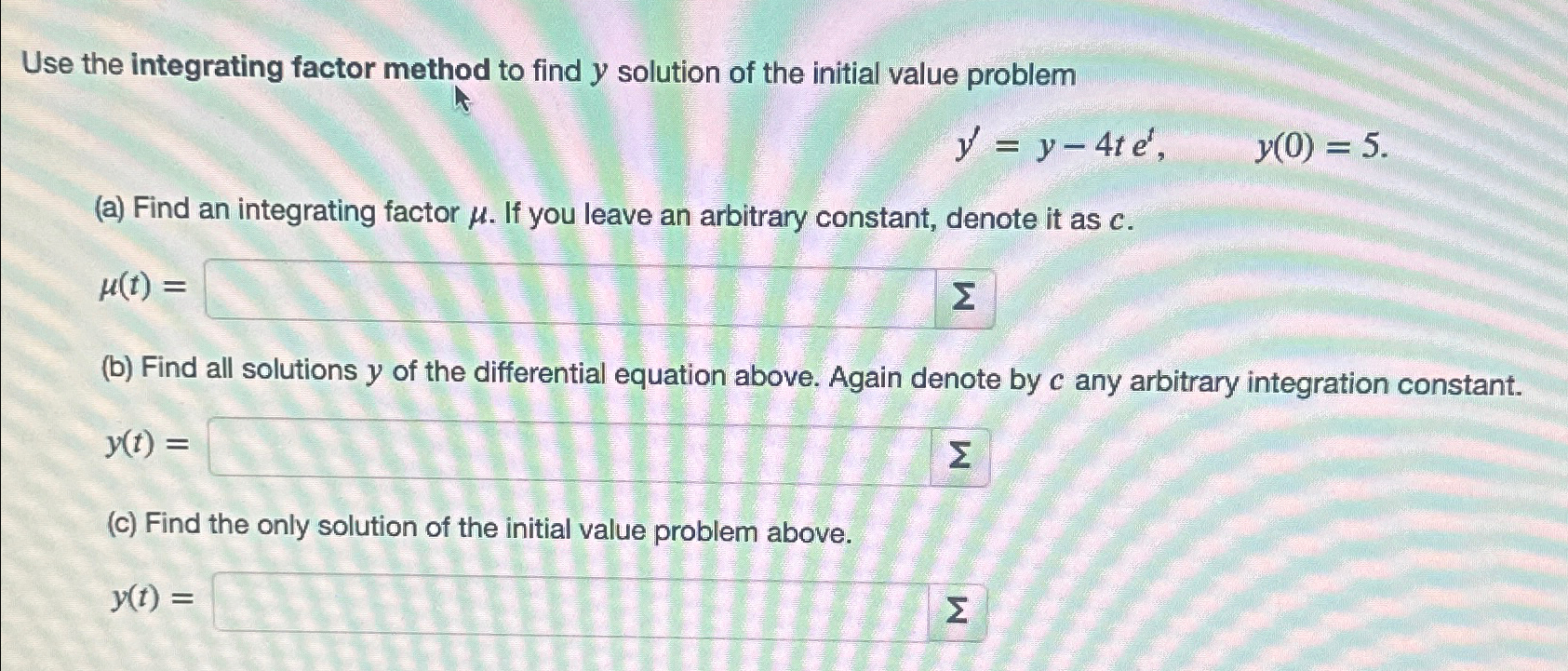 Solved Use the integrating factor method to find y ﻿solution | Chegg.com
