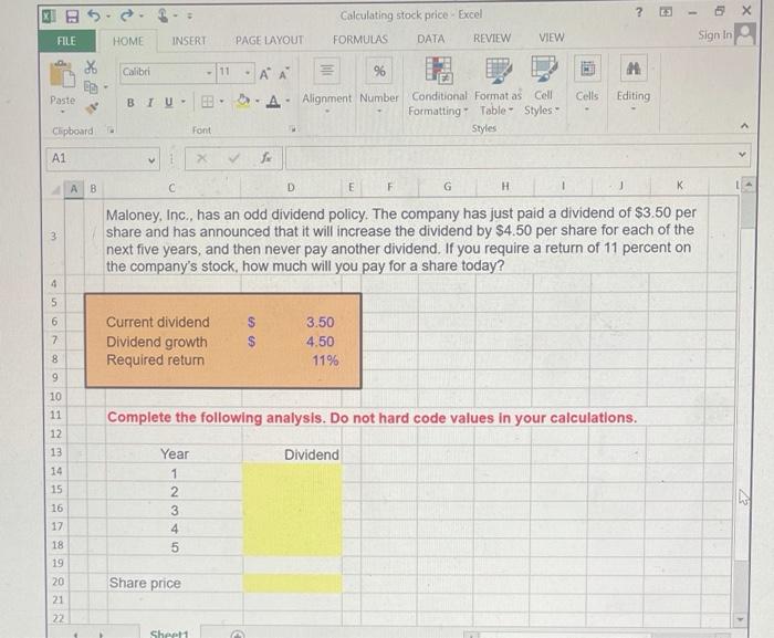 Solved S 1 Calculating Stock Price Excel Formulas Data