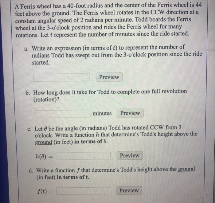 Solved A Ferris wheel has a 40-foot radius and the center of | Chegg.com