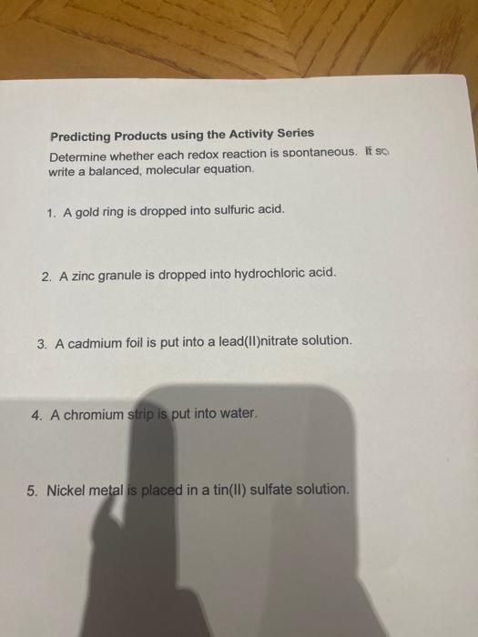 Solved Predicting Products using the Activity Series | Chegg.com