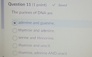 Solved Question 11 (1 ﻿point) ﻿SavedThe purines of DNA | Chegg.com