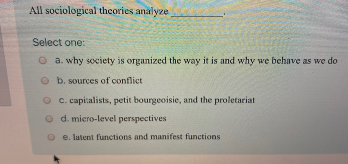 Solved All sociological theories analyze Select one: O a. | Chegg.com