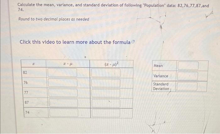 Solved Calculate the mean, variance, and standard deviation | Chegg.com