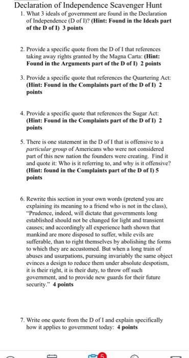 Solved Declaration of Independence Scavenger Hunt 1. What 3 | Chegg.com